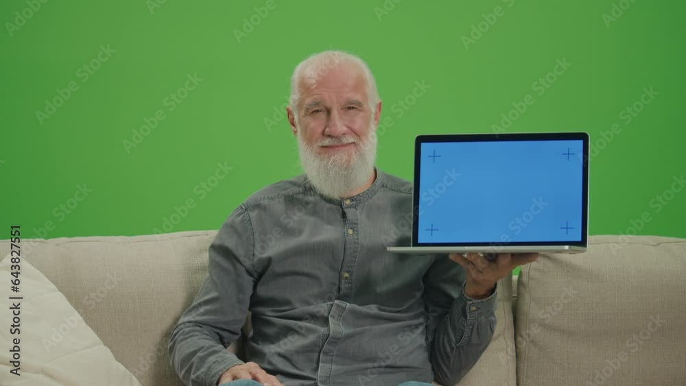 Green Screen.Portrait of an Old Man with a Laptop with Blue Screen ...