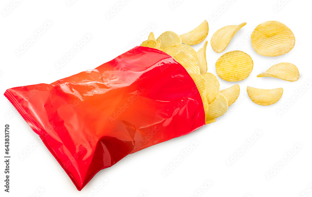 Crispy Potato chips fall out of red bag isolated on white background ...