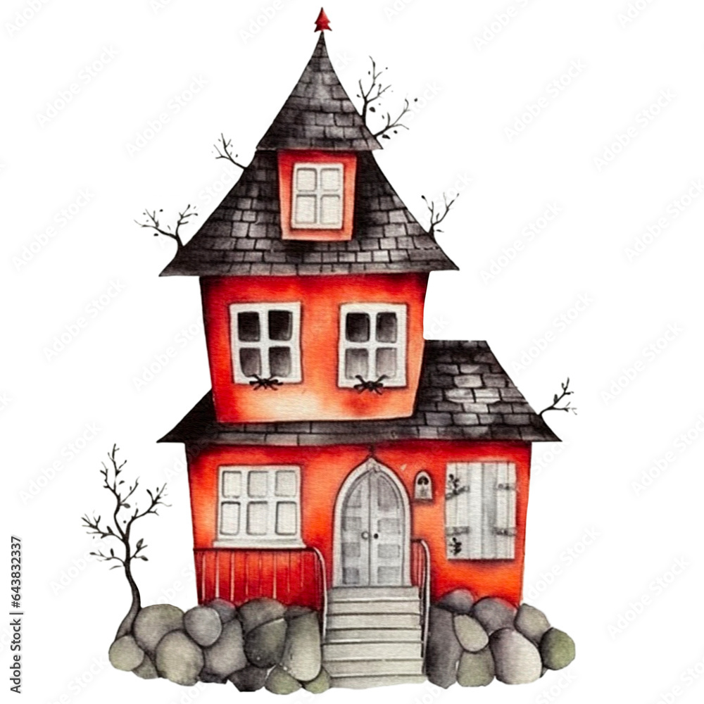 Halloween Red haunted house Spooky Night watercolor style isolated on ...