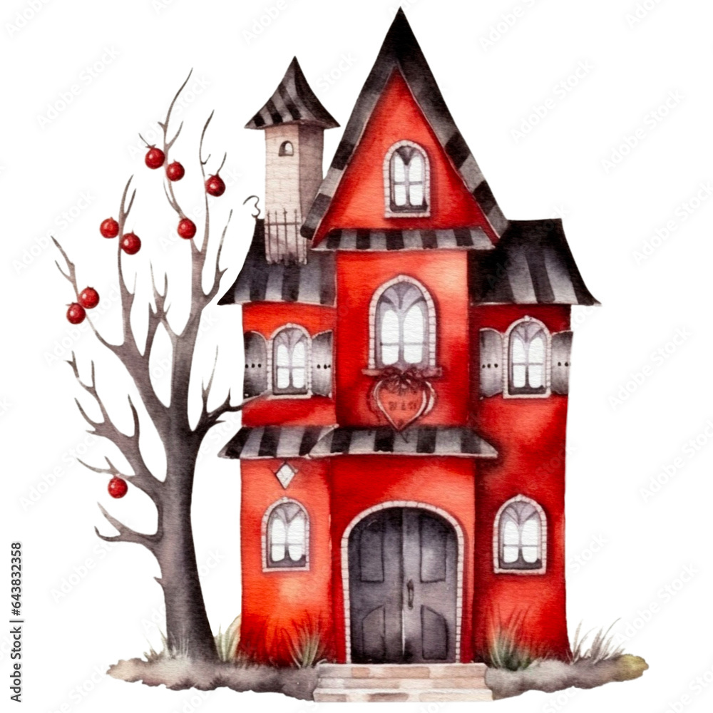 Halloween Red haunted house Spooky Night watercolor style isolated on ...