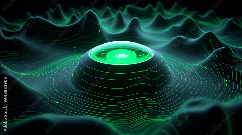 Circular IOT sensor in 3D green waves, Cybersecurity data visualization ...