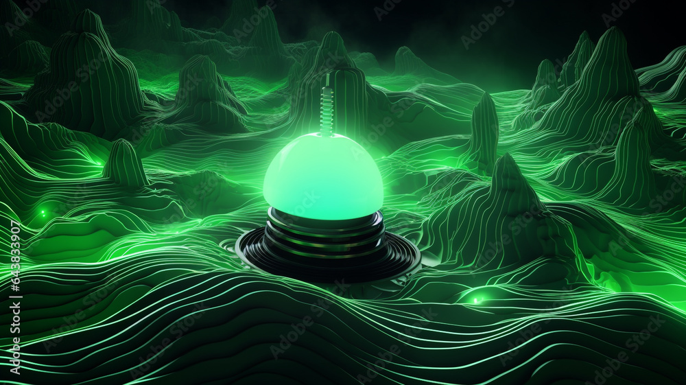 Glowing green IOT sensor bulb, Abstract cyber topography landscape ...