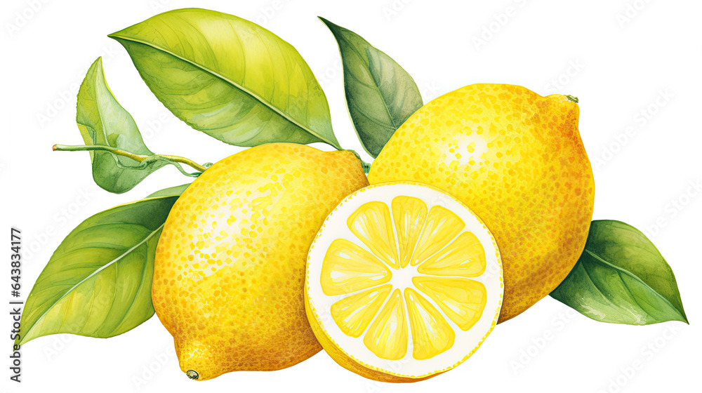 whole lemon and half a lemon, watercolor hand-drawn drawing of a fruits ...