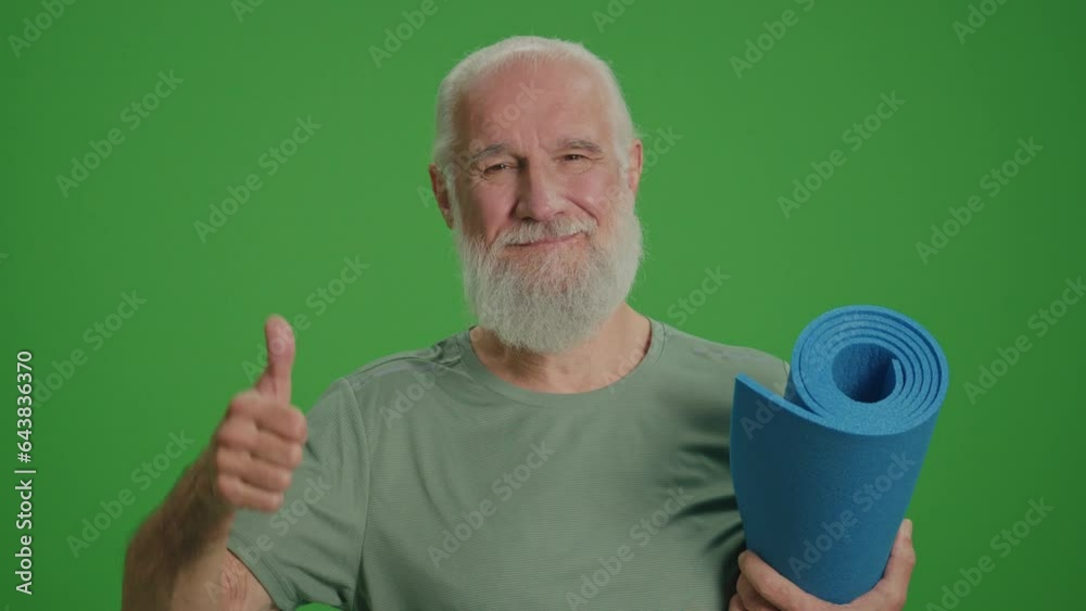 Green Screen. Portrait of Sporty Old Man with Sports Mat Showing Thumbs ...