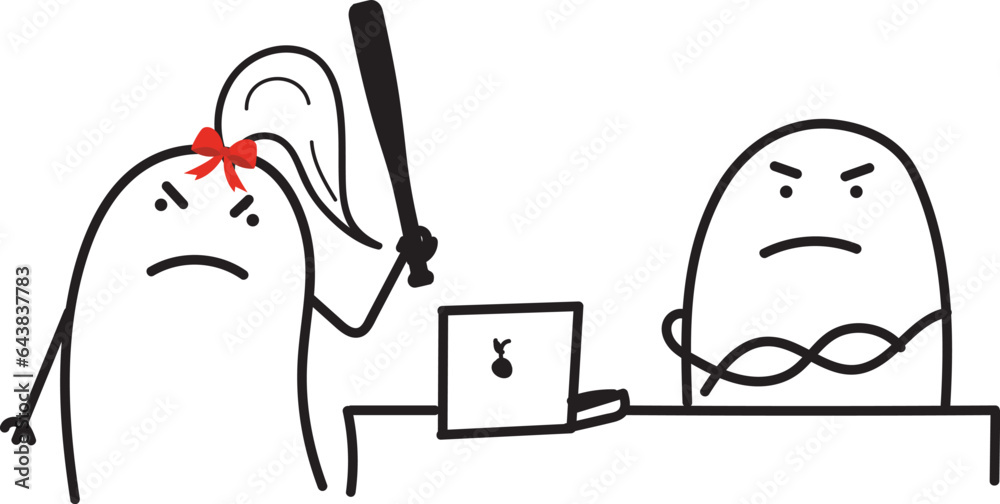 Thumb man. Nervous woman with her husband using computer. Charcter ...