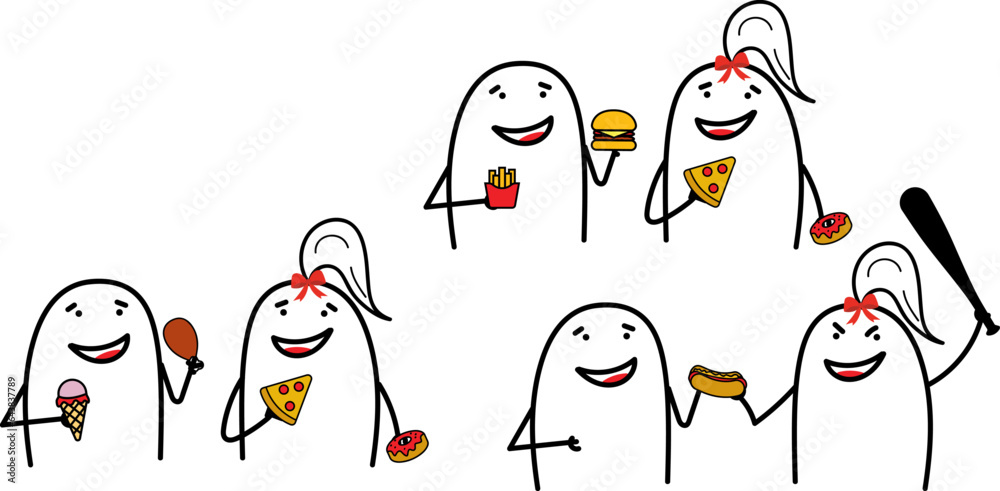 Thumb man. Fast food. Girl and boy hungry. Charcter emotional. New set ...