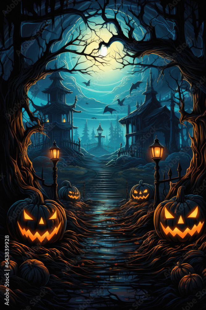 Halloween spooky background, scary jack o lantern pumpkins in creepy ...