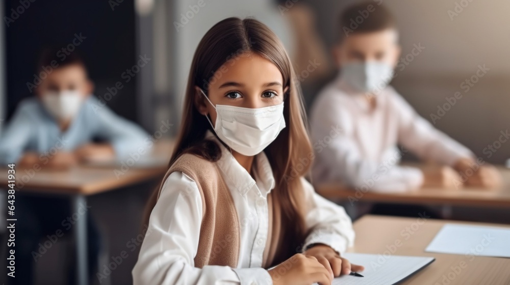 Generative AI : Little sister and brother in protective masks with ...