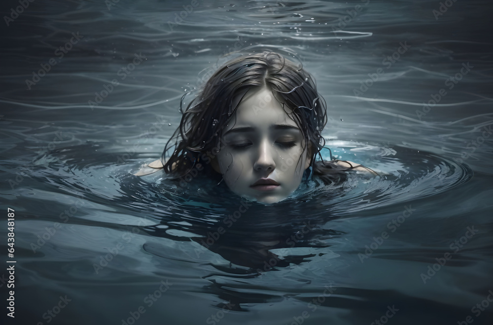 portrait of a Beautiful young woman in the dark water, the concept of ...