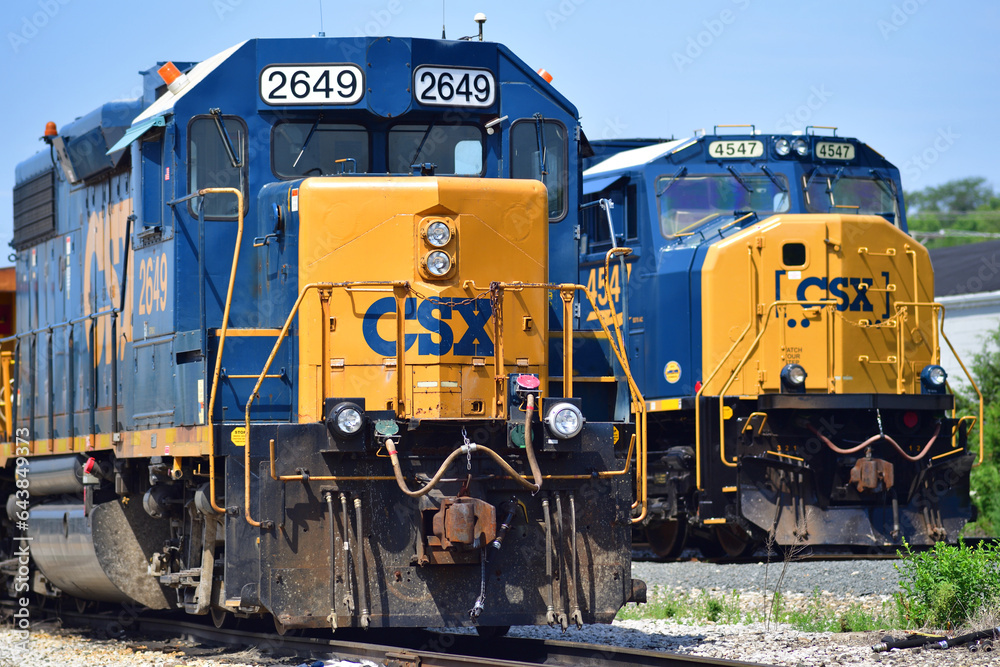 A CSX Transportation locomotives idling on sidings along the CSX tracks in Seneca, Illinois. The ...