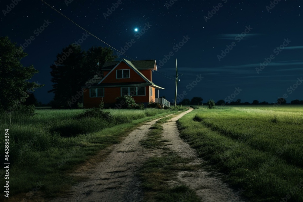 Night time film still of a suburban house next to an open field with a ...