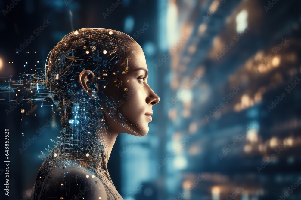 Futuristic android head, sleek, exposed wires, integrated nodes—a ...