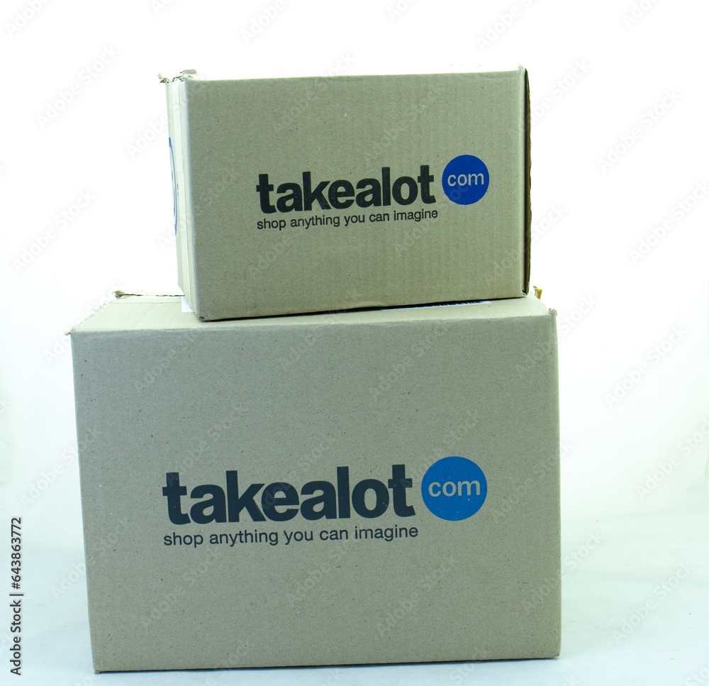 Johannesburg, South Africa - two Takealot boxes stacked on top of each ...