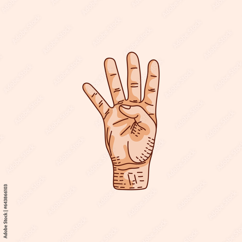 4 or Four number logo in a deaf-mute hand gesture number. Hand drawn ...