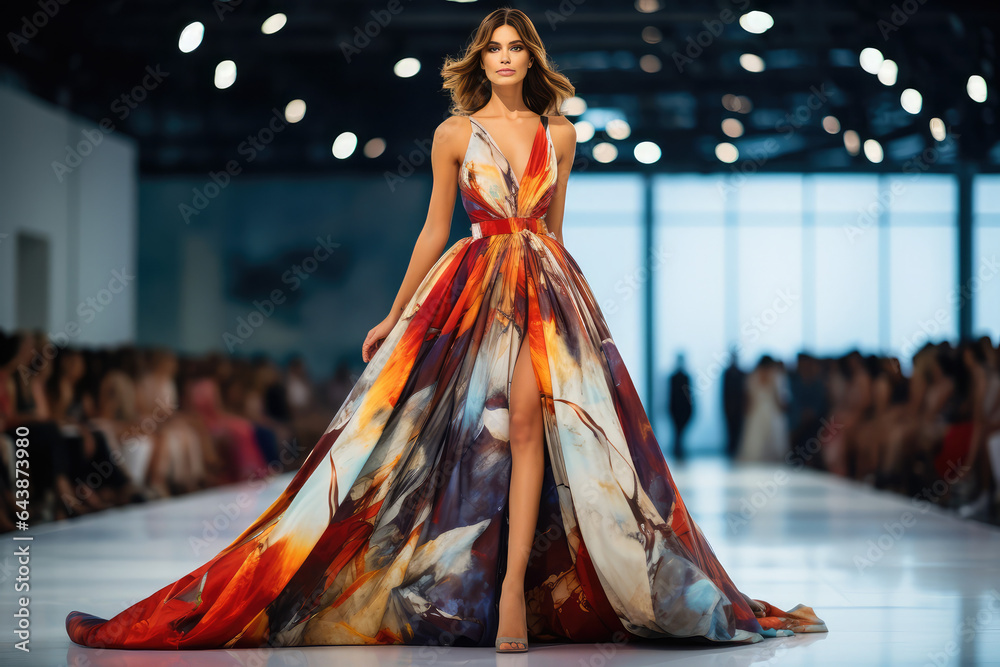 beautiful model walking on runway fashion show in designed dress Stock ...