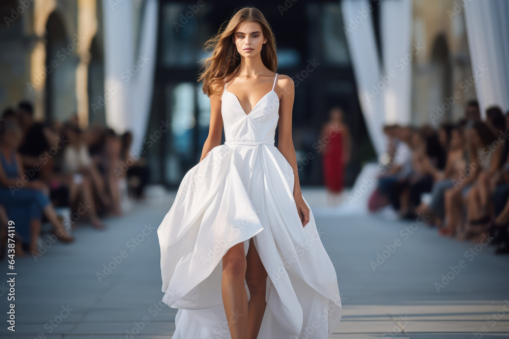 beautiful model walking on runway fashion show in designed dress Stock ...