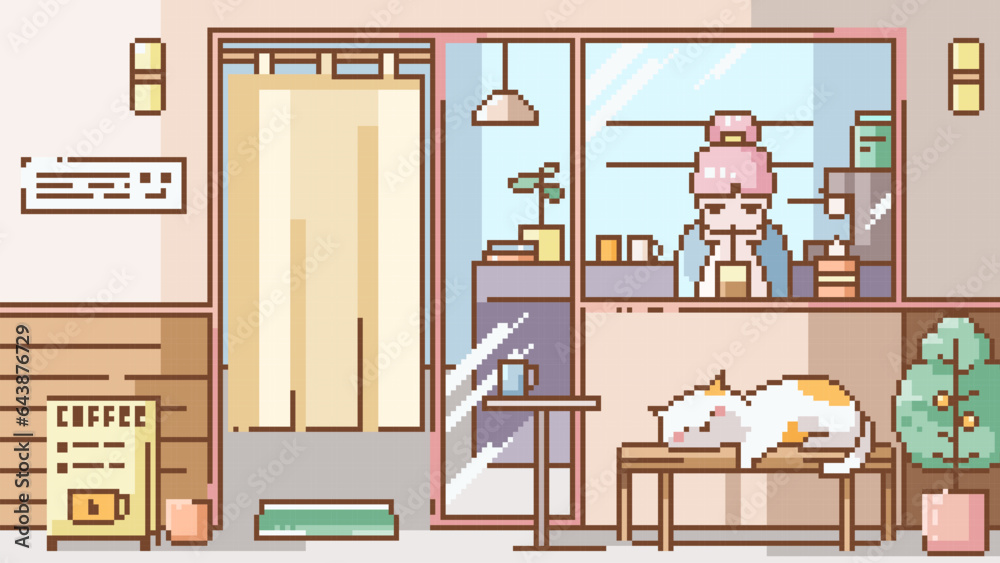 Cozy Pixel Art LoFi Banner. 8bit Cafe Scene with Girl with Coffee and ...