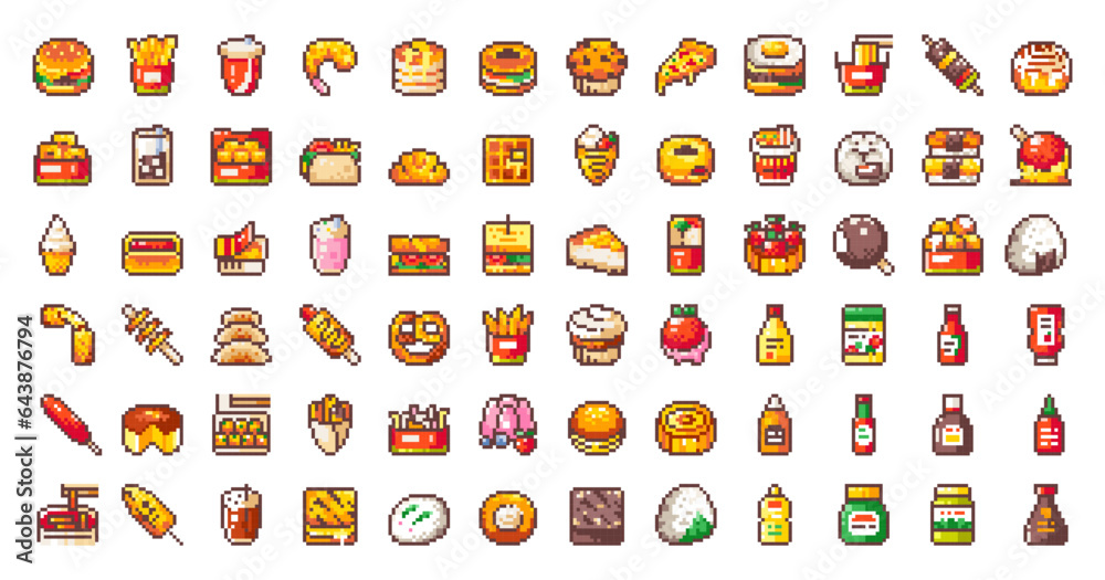 Vecteur Stock Pixel Art Fast and Street Food Collection. Mega Set of ...