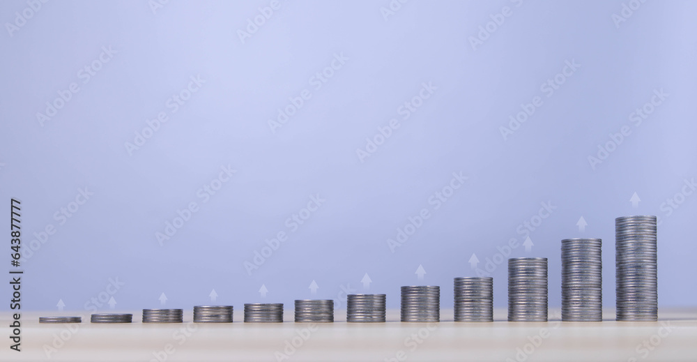 stacked coins up arrow and increase growth graph Business development ...