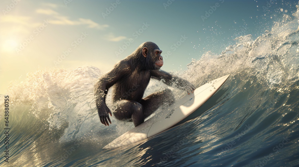 Chimpanzee Riding a Sparkling Digital Number Wave, Ultra Realistic ...