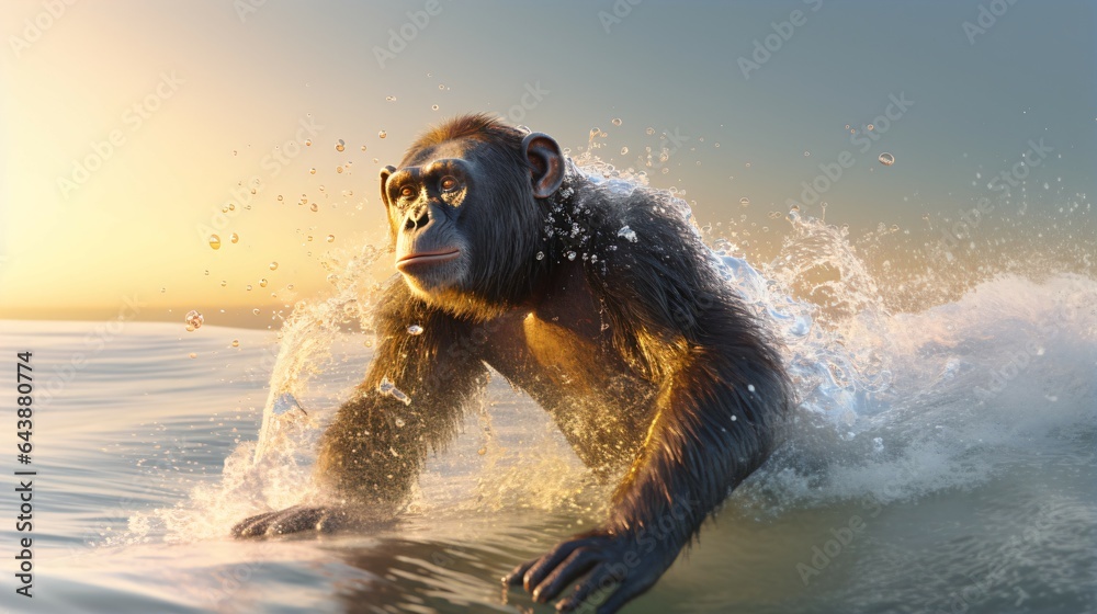 Chimpanzee Riding a Sparkling Digital Number Wave, Ultra Realistic ...