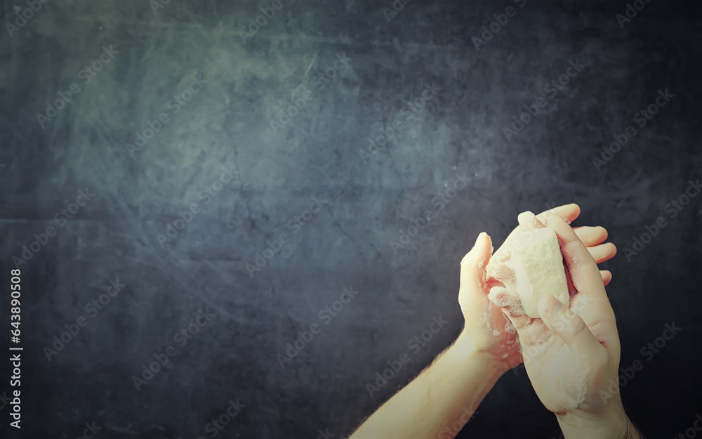 Bare hands in lather and soap. Hand hygiene. To wash hands ...