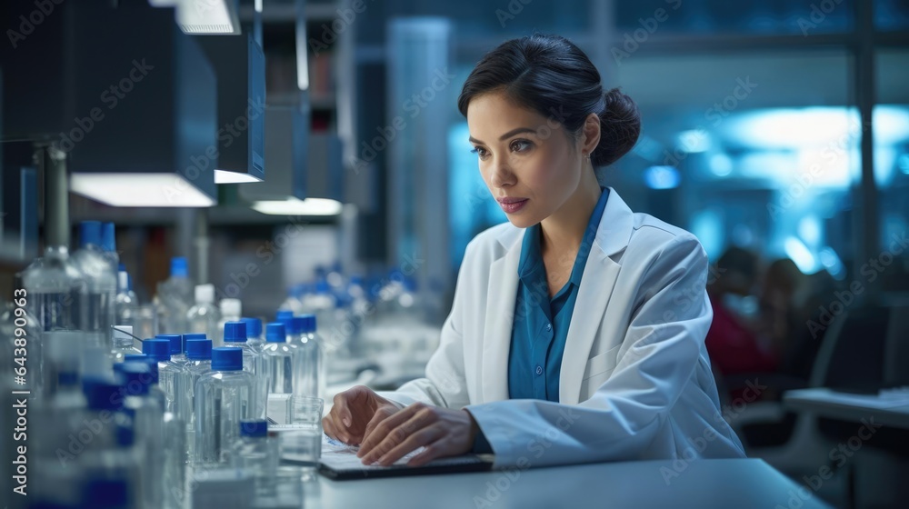 Portrait of a woman in a well-organized compounding lab meticulously ...
