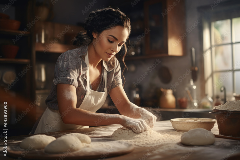 cute girl Focus on kneading bread dough to make a variety of breads in ...