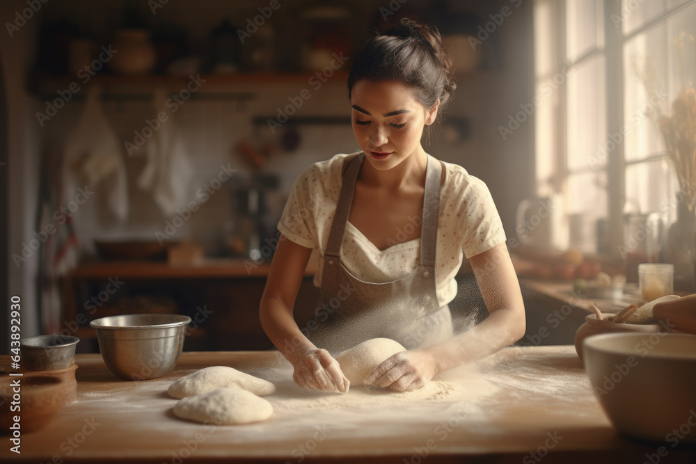 cute girl Focus on kneading bread dough to make a variety of breads in ...
