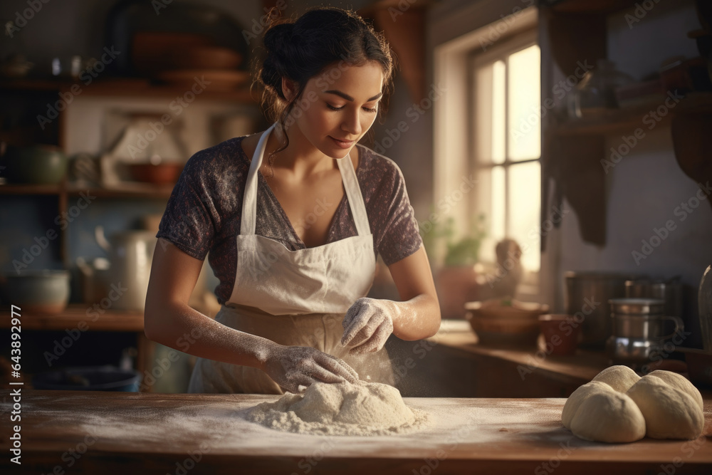 cute girl Focus on kneading bread dough to make a variety of breads in ...