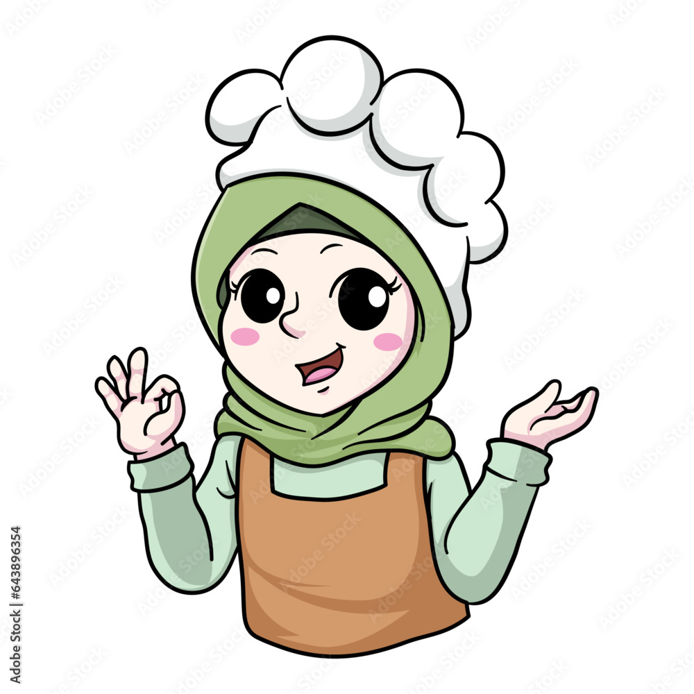 Cute and kawaii muslim female chef wearing hijab manga chibi ...