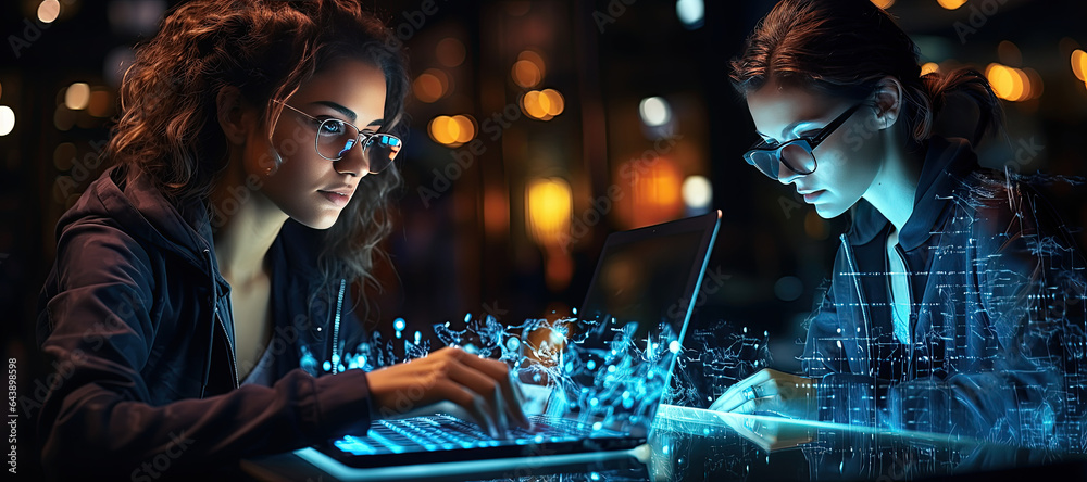 Laptop, code hologram and woman thinking of data analytics, information ...