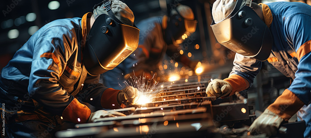 welding worker team working arc weld metal joint production in heavy ...