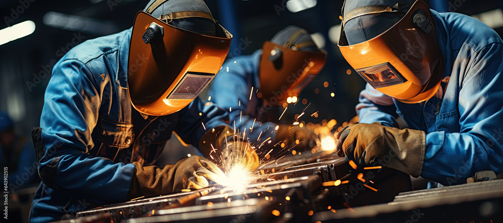 welding worker team working arc weld metal joint production in heavy ...
