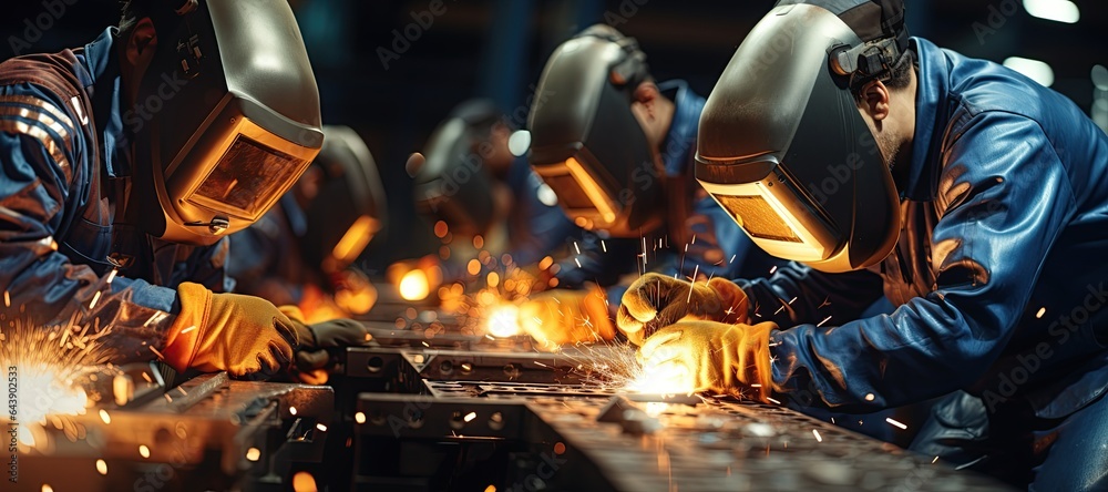 welding worker team working arc weld metal joint production in heavy ...
