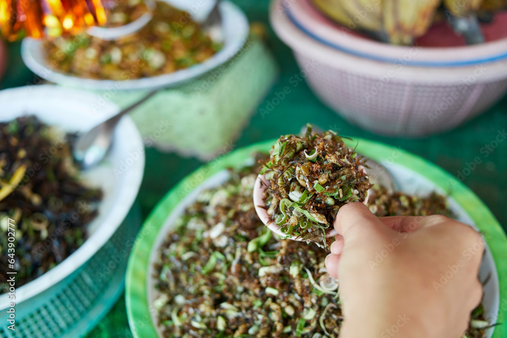 Heap of red ant eggs and red ant larvae for sale at rural market Stock ...