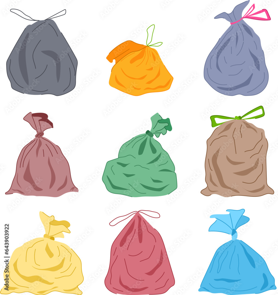 trash bag set cartoon. waste plastic, rubbish recycle, bin full trash ...