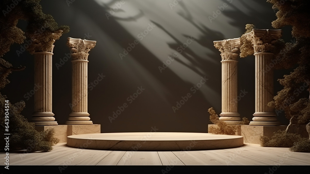 stone platform with corinthian pillars and natural tree with shadow ...