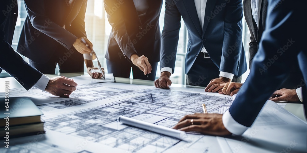 Architects and Builders Gathered Around a Blueprint-Covered Table ...