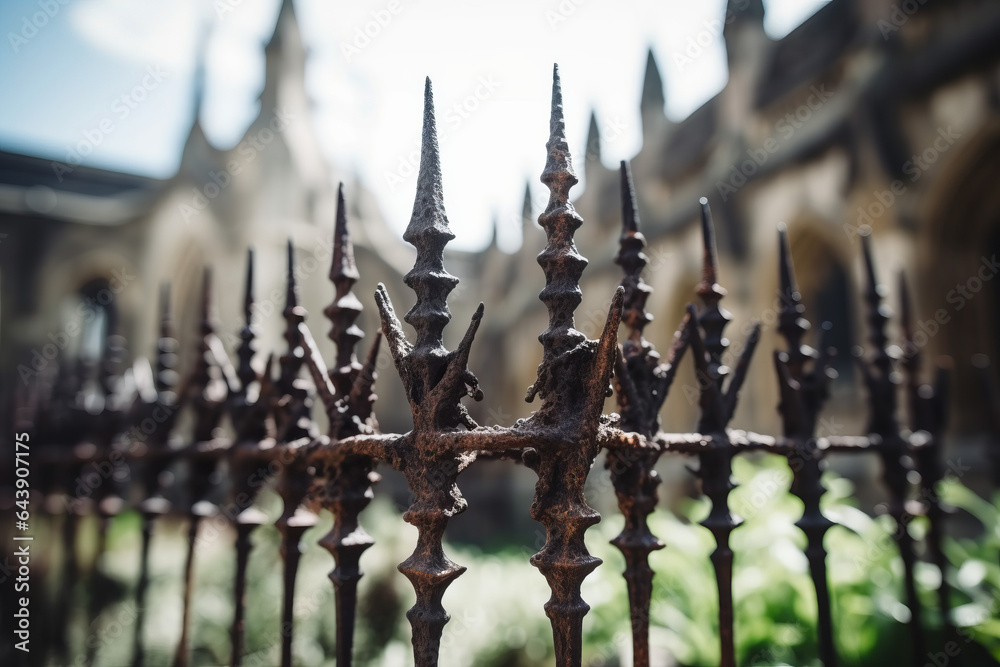 Old rusted VIctorian raling with spikes in front of an ancient builidng ...