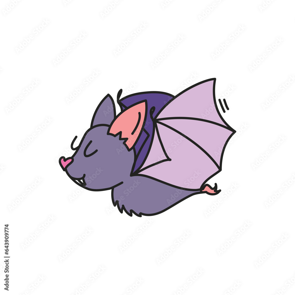 Funny doodle bat. Cartoon illustration of a happy purple bat isolated ...