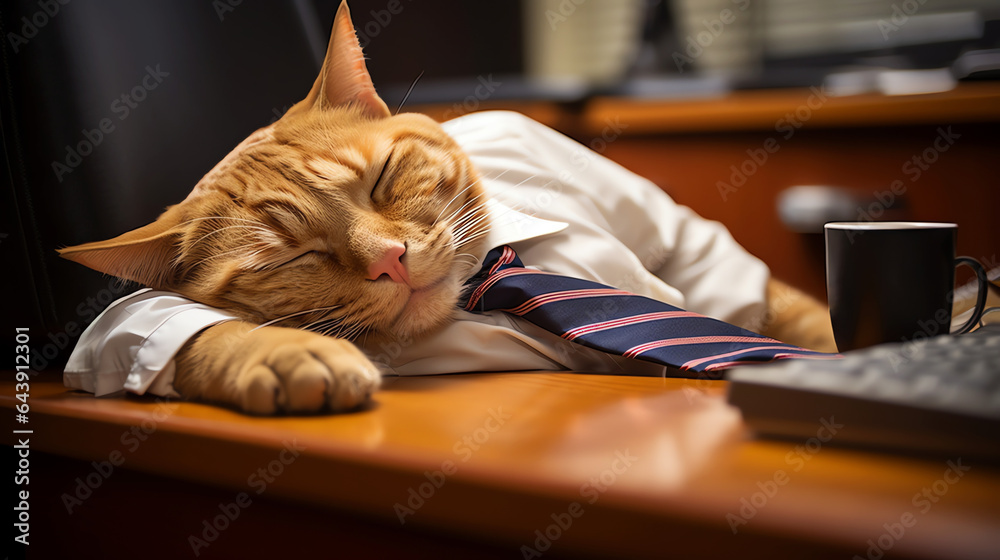 Sleeping cat at desk in office with coffee cup and keyboard. Suit and ...