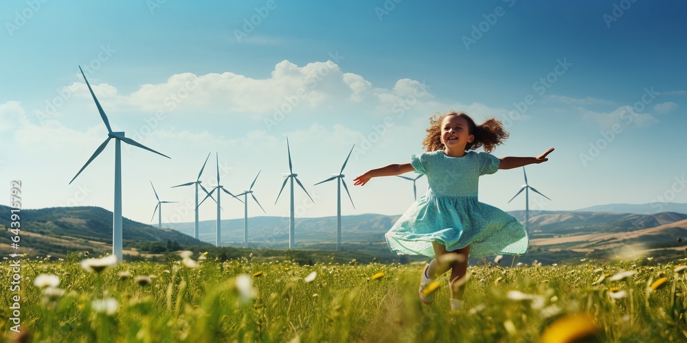 Child Running with a Colorful Pinwheel Amidst Wind Turbines. A Summer ...
