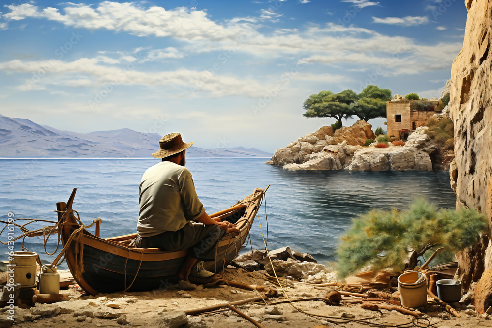 A gray-haired old man in a fishing boat sorts out nets for catching ...