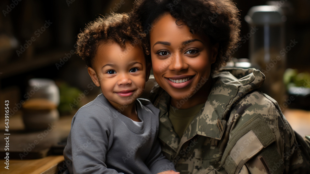 Military african american mother with son, wearing army uniform, family ...