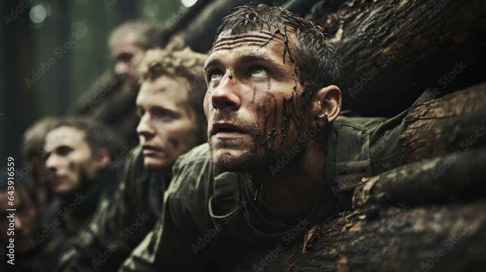 Soldiers with mud on their faces in the forest. Special forces military ...