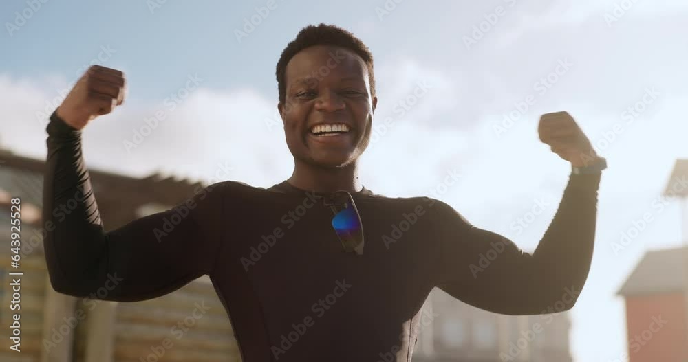 Face, outdoor and black man flexing arms, fitness and training with ...