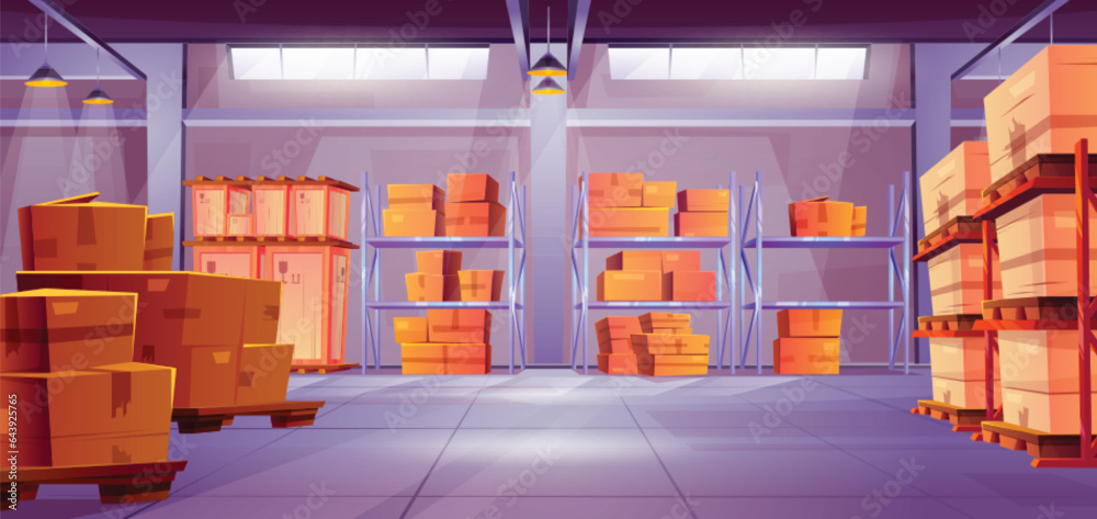 Warehouse shelves with cardboard and wooden boxes. Vector cartoon ...