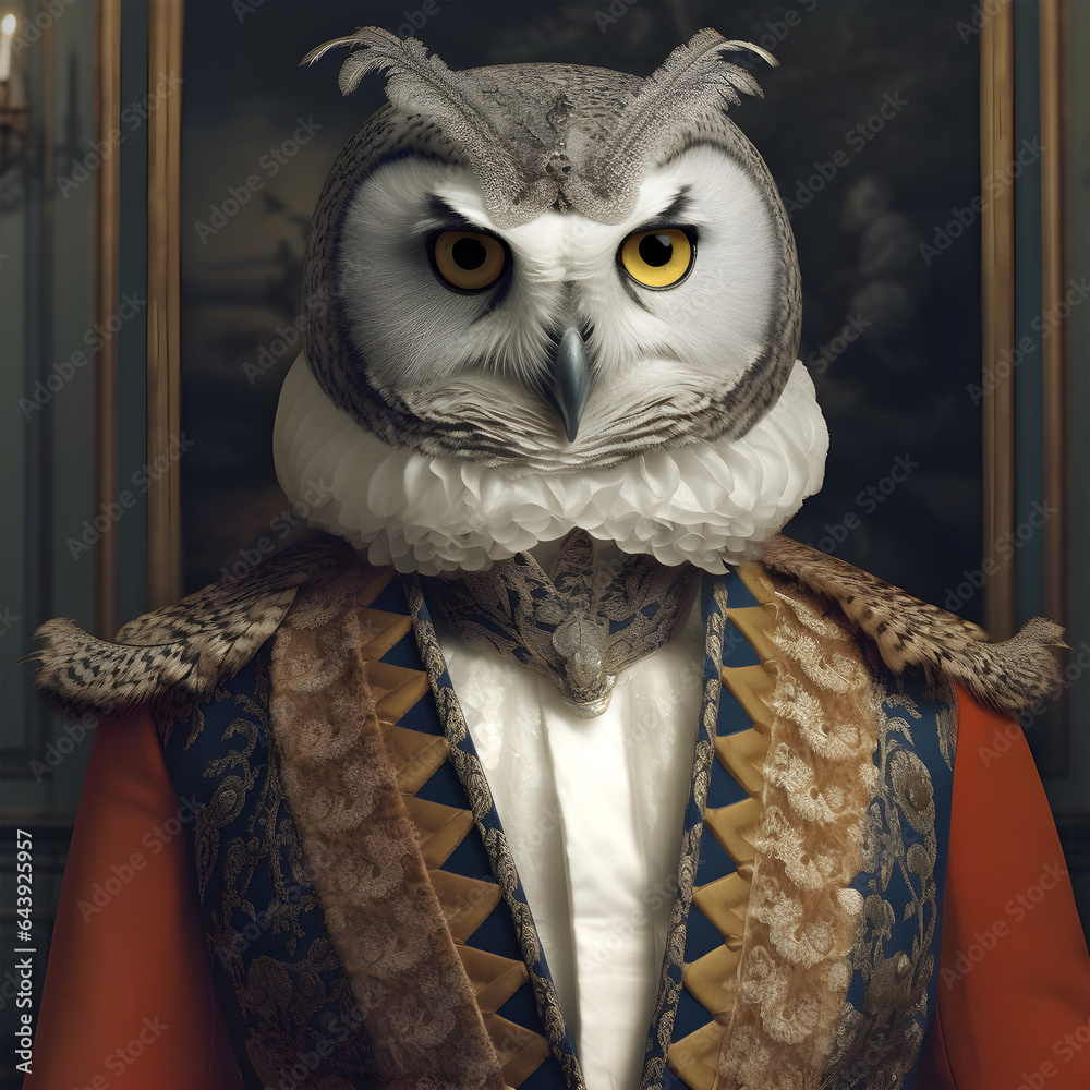Realistic lifelike owl bird in renaissance regal medieval noble royal ...