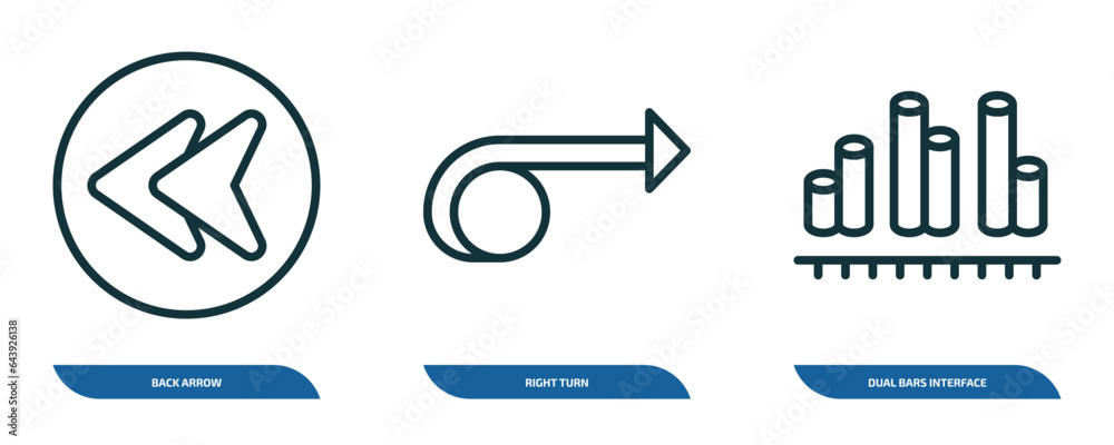 set of 3 linear icons from user interface concept. outline icons such as back arrow, right turn ...